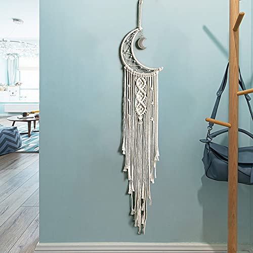 MGahyi Moon Star Dream Catcher Decor,Macrame Woven Dreamcatcher with Light,Bohemian Wall Hanging Decoration,Bedroom,Home Decoration (Moon White)