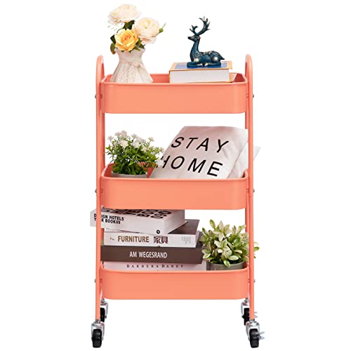 AGTEK Makeup Cart, Movable Rolling Organizer Cart, 3 Tier Metal Utility Cart with Lockable Wheels for Home & Office, Pink Orange