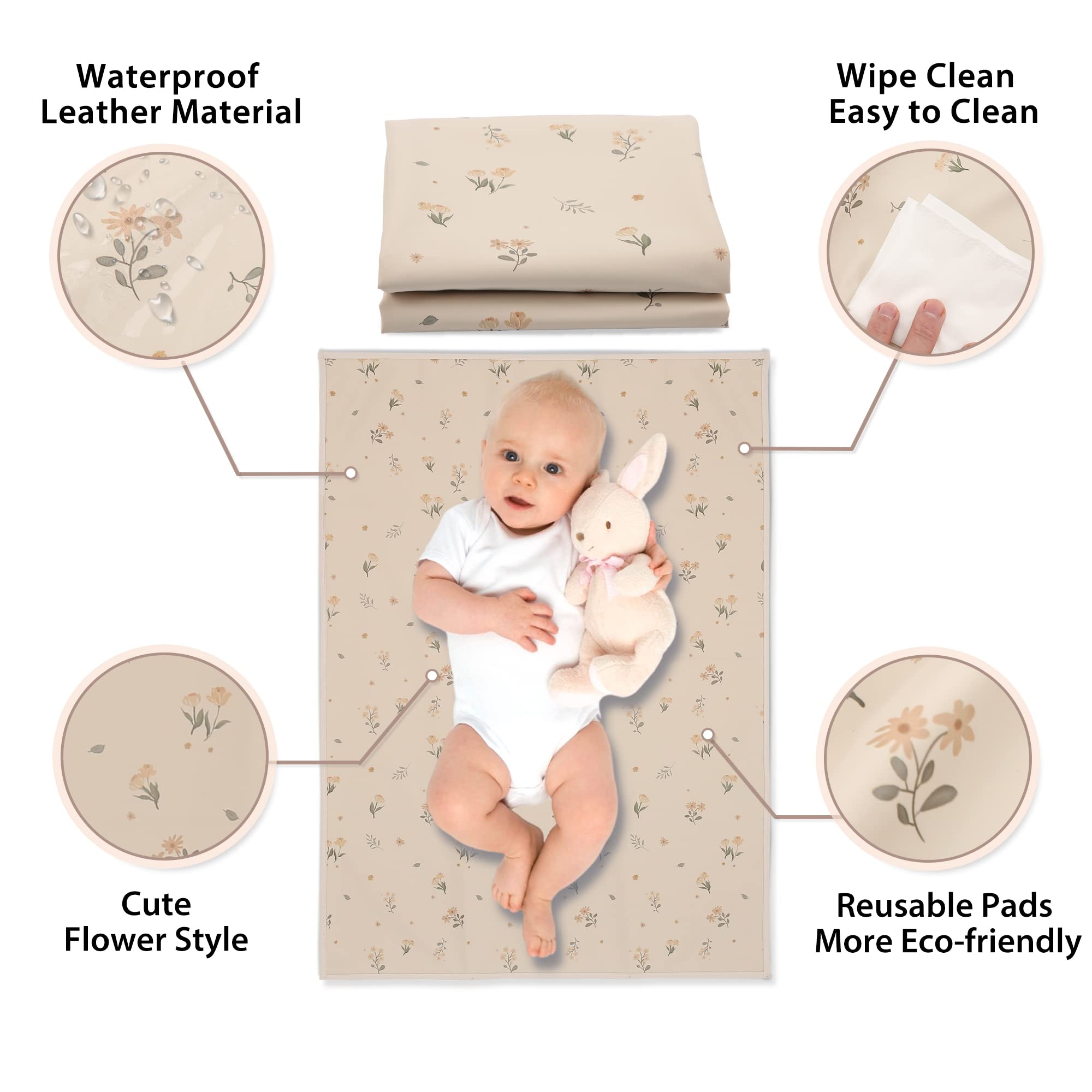 Vegan Leather Baby Changing Mat - Wipeable Portable Changing Pad, Foldable Travel Changing Mat for Baby, Newborns Toddlers Shower Gifts (Flower,20"*28")