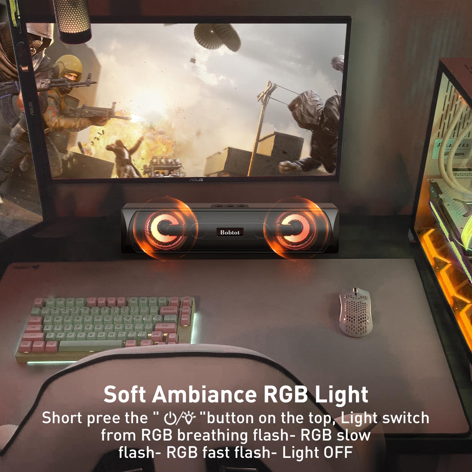Bobtot Computer Speakers Desktop Soundbar - HiFi Stereo Audio RGB Mini Sound Bar External Speaker with Bluetooth AUX-in Wired USB Powered Volume Control for PC Laptop Tablets Monitor