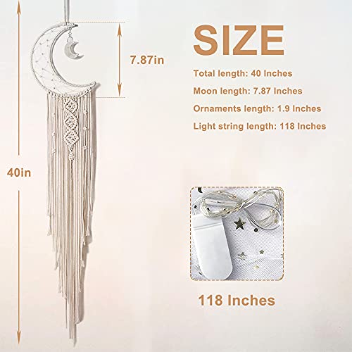 MGahyi Moon Star Dream Catcher Decor,Macrame Woven Dreamcatcher with Light,Bohemian Wall Hanging Decoration,Bedroom,Home Decoration (Moon White)