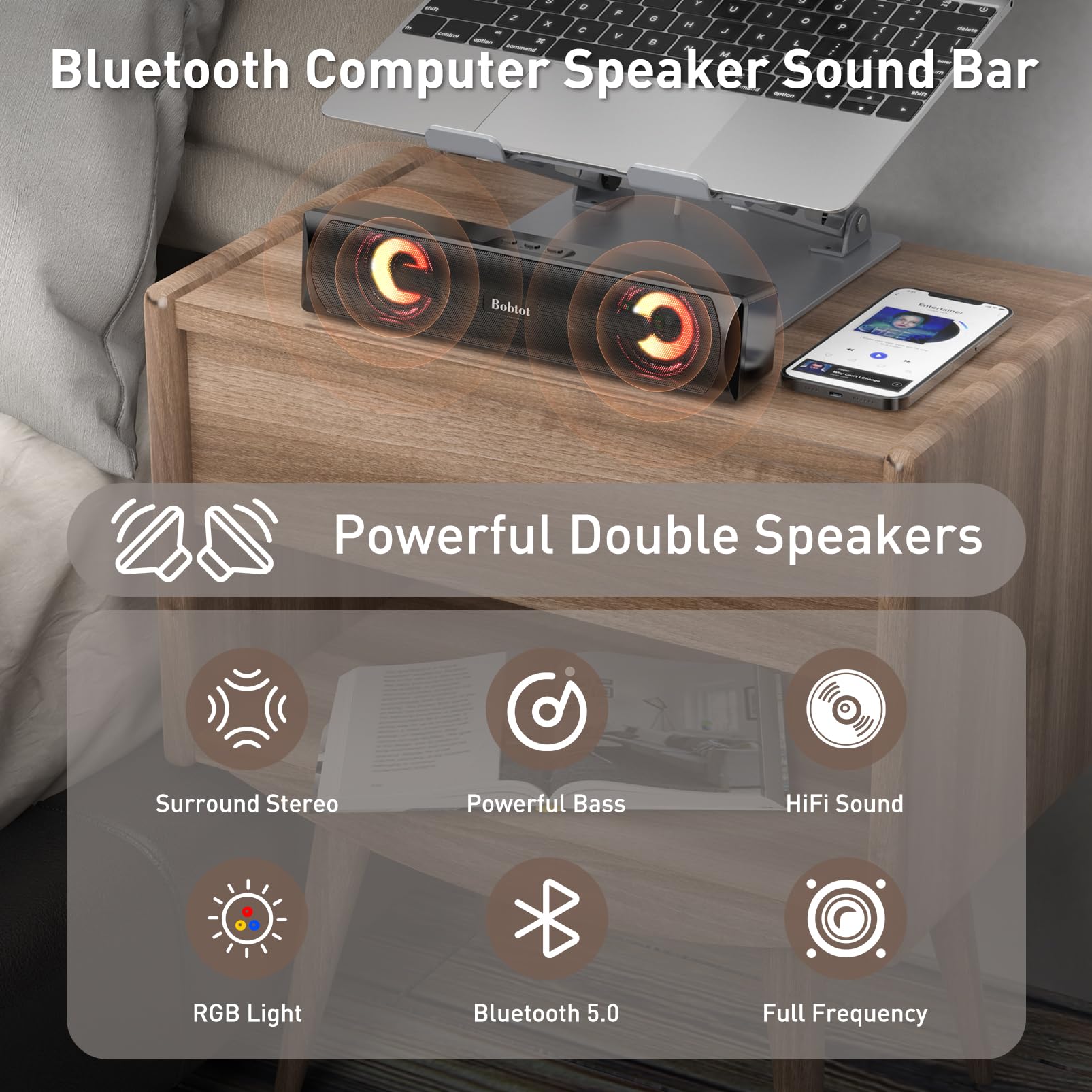Bobtot Computer Speakers Desktop Soundbar - HiFi Stereo Audio RGB Mini Sound Bar External Speaker with Bluetooth AUX-in Wired USB Powered Volume Control for PC Laptop Tablets Monitor