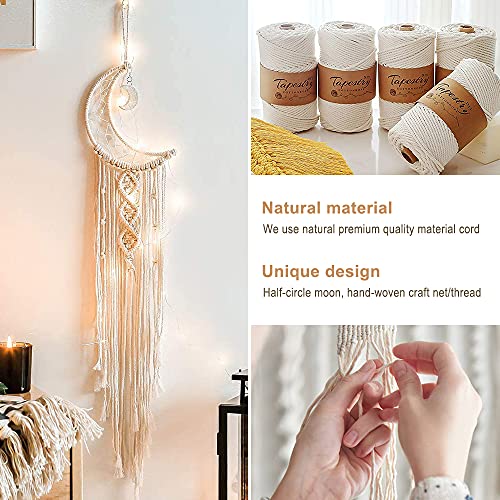 MGahyi Moon Star Dream Catcher Decor,Macrame Woven Dreamcatcher with Light,Bohemian Wall Hanging Decoration,Bedroom,Home Decoration (Moon White)