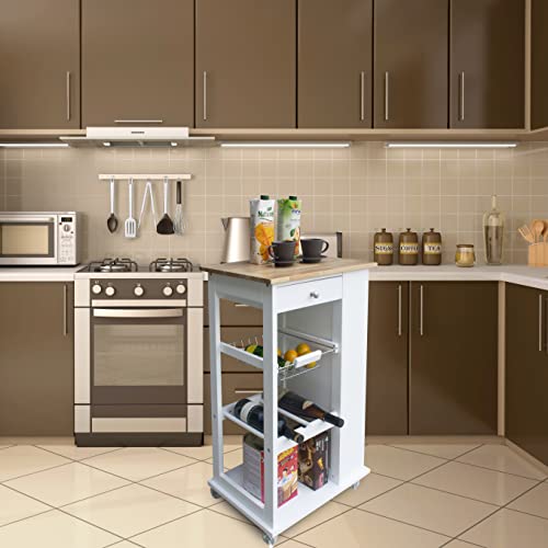 FUQIAOTEC 20" Small Size Rolling Mobile Kitchen Island, Kitchen Cart with Drawer and Storage Cabinet, Coffee Cart on Wheels, 3 Storage Wine Racks on The Side (White)