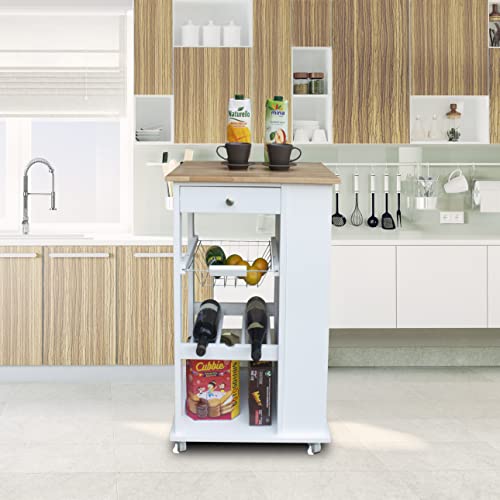 FUQIAOTEC 20" Small Size Rolling Mobile Kitchen Island, Kitchen Cart with Drawer and Storage Cabinet, Coffee Cart on Wheels, 3 Storage Wine Racks on The Side (White)
