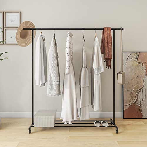 BOFENG Standard Rod Simple Metal Clothing Garment Rack,Rolling Clothes Organizer,Freestanding Hangers with Wheels for Hanging Clothes,Black