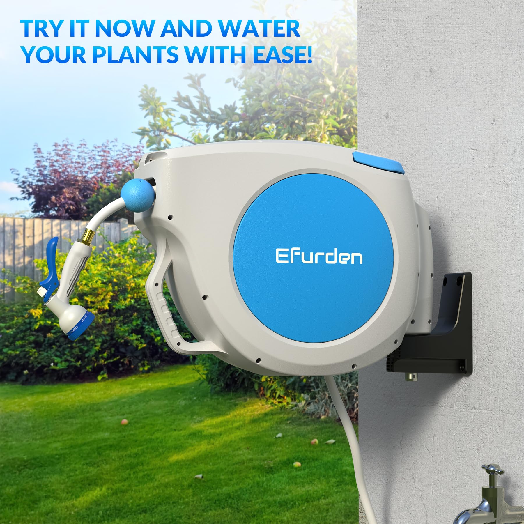 Efurden Retractable Hose Reel, 5/8 Inch x 100ft Wall Mounted Garden Hose Reel with 180 Deg Swivel Bracket and Automatic Rewind
