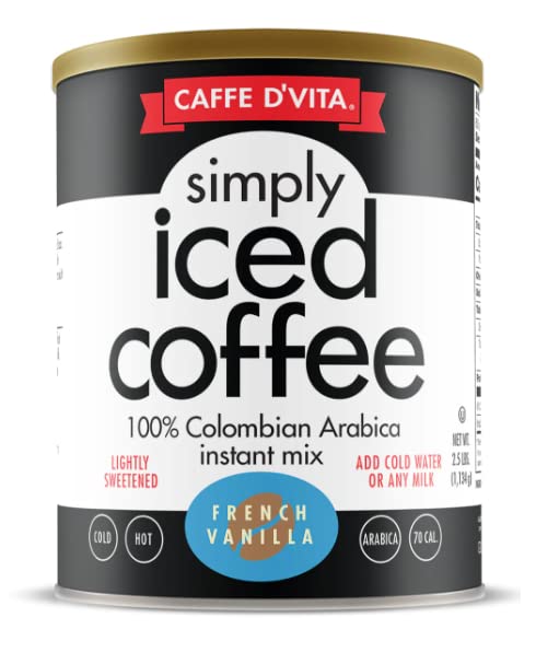 Caffe D'Vita Simply Iced Coffee French Vanilla - 100% Colombian Arabica Instant Mix, French Vanilla Instant Coffee, Low Calorie Iced Coffee, Lightly Sweetened, Dairy Free - 2.5 Lb Can