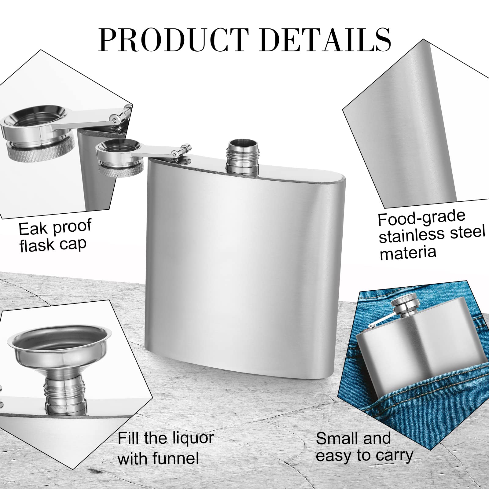 30 Pieces Hip Flasks Set Stainless Steel Liquor Flask with Funnel Metal Leak Proof Flask Pocket Whiskey Flasks for Men Women Bridesmaid Wedding Party Supplies (6 oz, Silver)