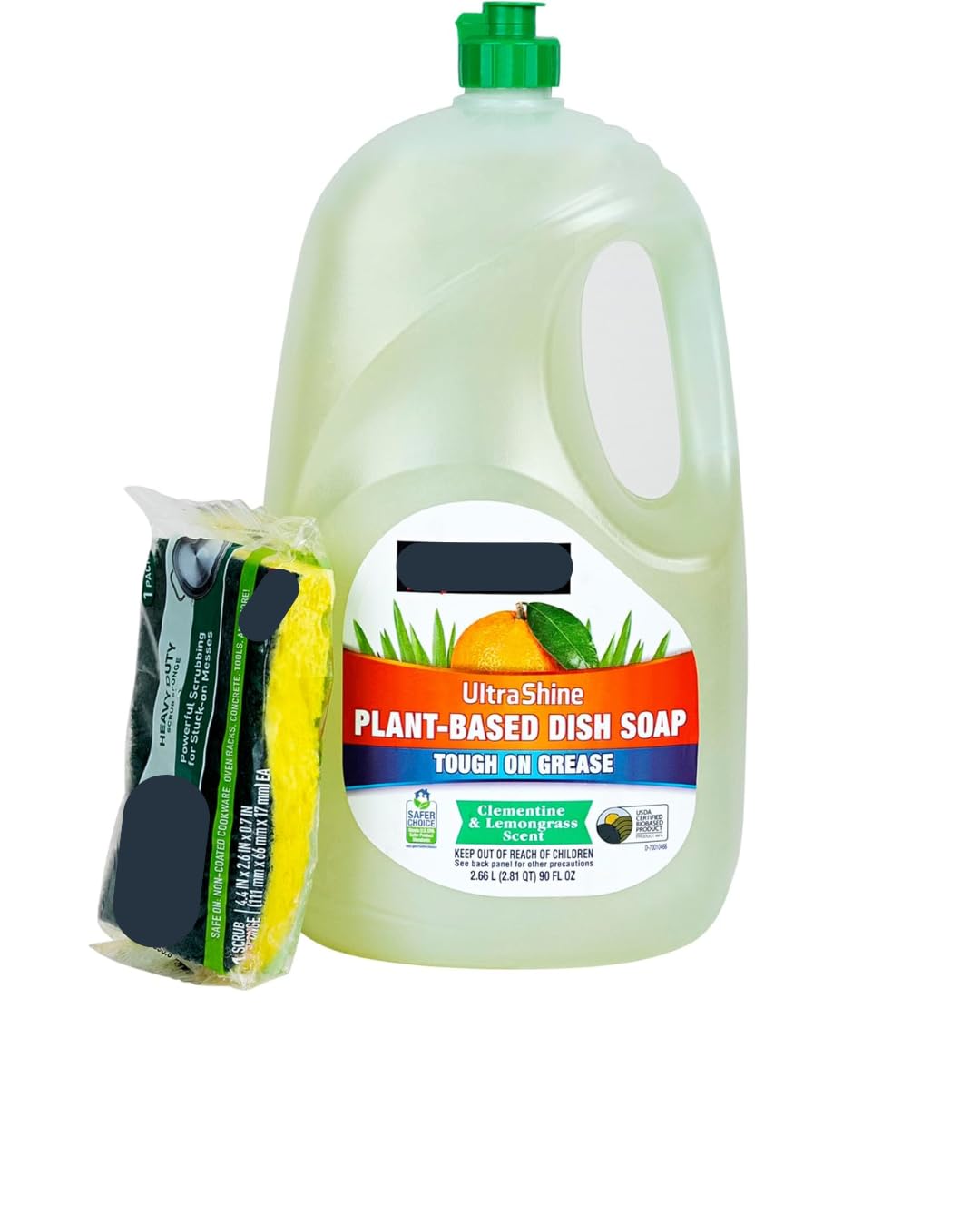 Plant-Based Dish Soap | 90oz bottle with Spout Top | Lemon & Clementine Scent |Sponge Included
