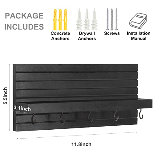 Decorative Key Holder for Wall with Shelf, Entryway Shelf with Hooks Holds Leashes, Jackets and Glasses β Sturdy Wood Keyholder Entrance Hanger with Mounting Hardware (11.8β x 5.5β x 3.1β) (Black)