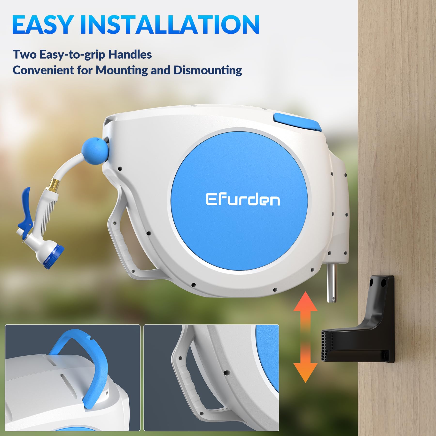 Efurden Retractable Hose Reel, 5/8 Inch x 100ft Wall Mounted Garden Hose Reel with 180 Deg Swivel Bracket and Automatic Rewind