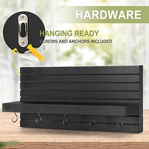 Decorative Key Holder for Wall with Shelf, Entryway Shelf with Hooks Holds Leashes, Jackets and Glasses β Sturdy Wood Keyholder Entrance Hanger with Mounting Hardware (11.8β x 5.5β x 3.1β) (Black)
