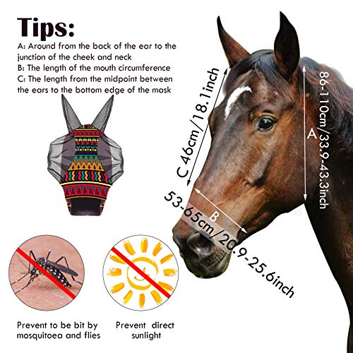 2 Pieces Horse Fly Mask Horse Mask with Ears Smooth and Elasticity Fly Mask with UV Protection (Tribal Grid Patterns, L)