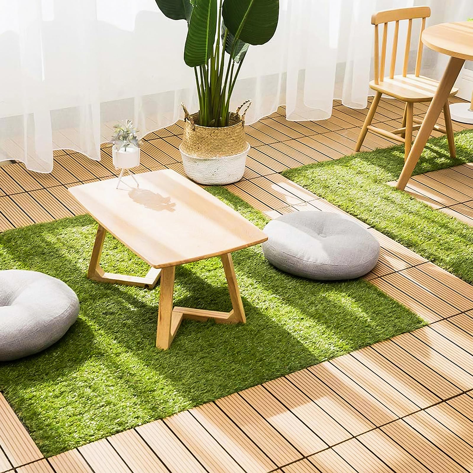 GROWNEER 1.57" H Interlocking Artificial Grass Tiles, 12" x 12" 9 Pcs Fake Grass Deck Turf Tiles with Upgrade Interlocking System Self-draining for Pet Indoor/Outdoor, Backyard, Patio