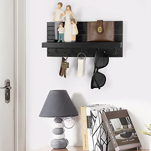 Decorative Key Holder for Wall with Shelf, Entryway Shelf with Hooks Holds Leashes, Jackets and Glasses β Sturdy Wood Keyholder Entrance Hanger with Mounting Hardware (11.8β x 5.5β x 3.1β) (Black)