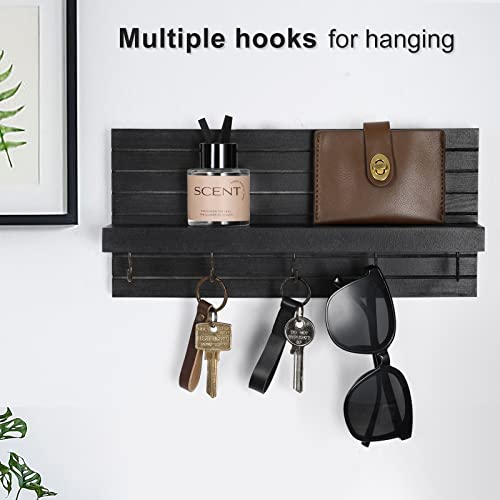 Decorative Key Holder for Wall with Shelf, Entryway Shelf with Hooks Holds Leashes, Jackets and Glasses β Sturdy Wood Keyholder Entrance Hanger with Mounting Hardware (11.8β x 5.5β x 3.1β) (Black)