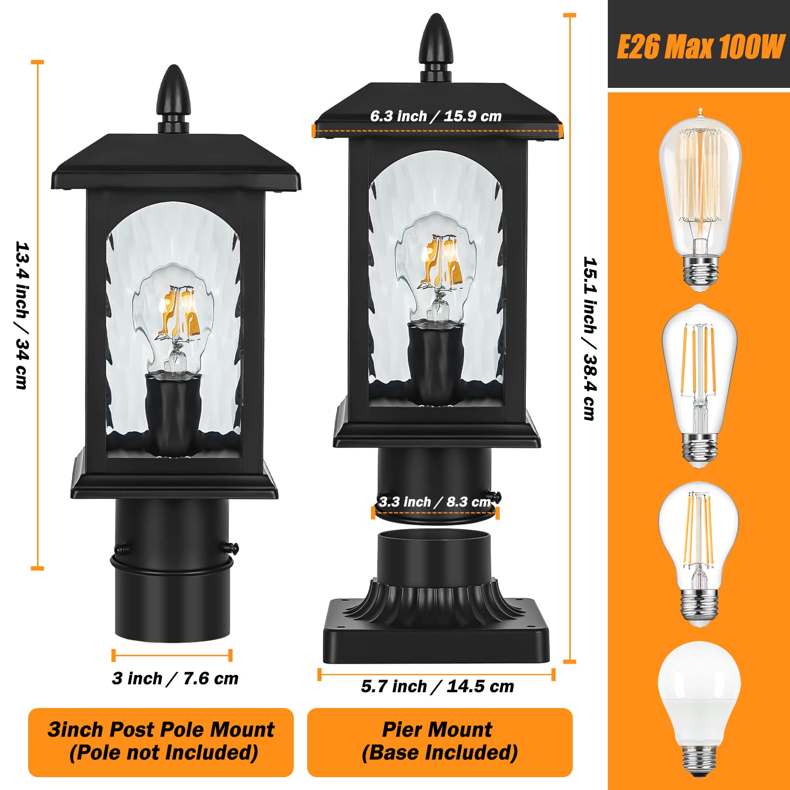 Dusk to Dawn Outdoor Post Light Fixture with Pier Mount Base - Waterproof Pole Outdoor Lighting, Modern Black Pillar Lantern Outside with Tempered Rippled Glass for Pathway, Garden, Patio, Anti-Rust
