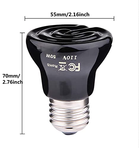 Qixivcom 2-Packs 50W Black Ceramic Heat Lamp Mini Reptile Heat Lamp Bulbs E26/E27 Infrared Reptile Heat Emitter Heater Lamp Bulb No Light Lamps for Lizard Brooder Coop Aquarium Habitat Lizard Turtle