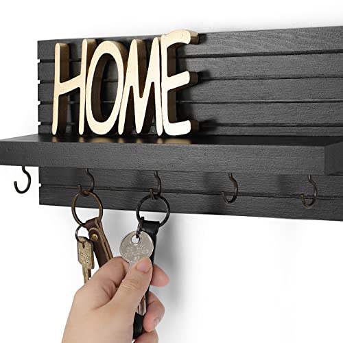 Decorative Key Holder for Wall with Shelf, Entryway Shelf with Hooks Holds Leashes, Jackets and Glasses β Sturdy Wood Keyholder Entrance Hanger with Mounting Hardware (11.8β x 5.5β x 3.1β) (Black)