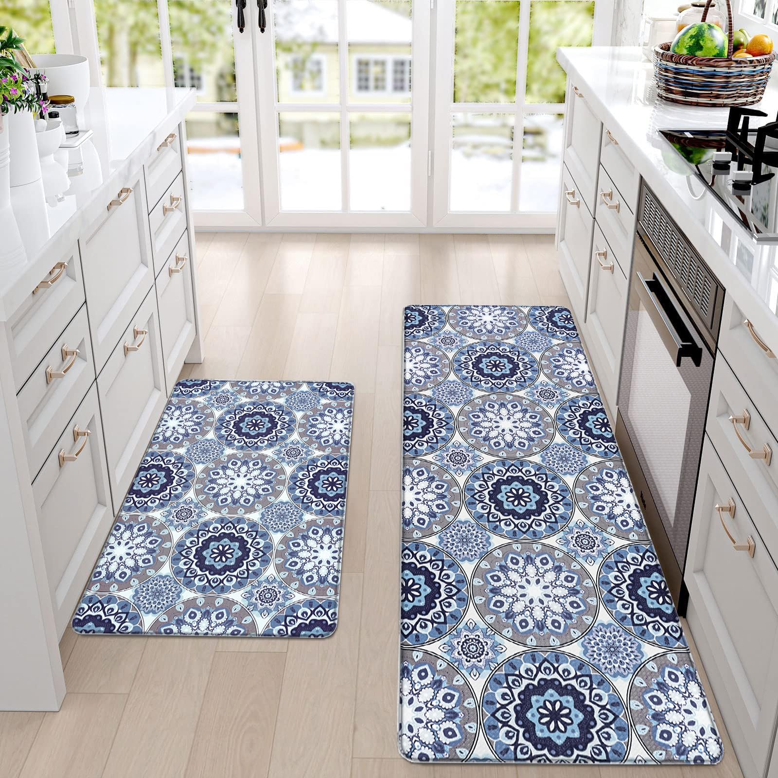 ASPMIZ Kitchen Mats Sets 2 Piece, Memory Foam Kitchen Rugs and Mats Non Slip Washable, Farmhouse Anti Fatigue Kitchen Mat and Runner Set, Blue Cushioned Floor Comfort Mat, 17'' x 47'' + 17'' x 30''