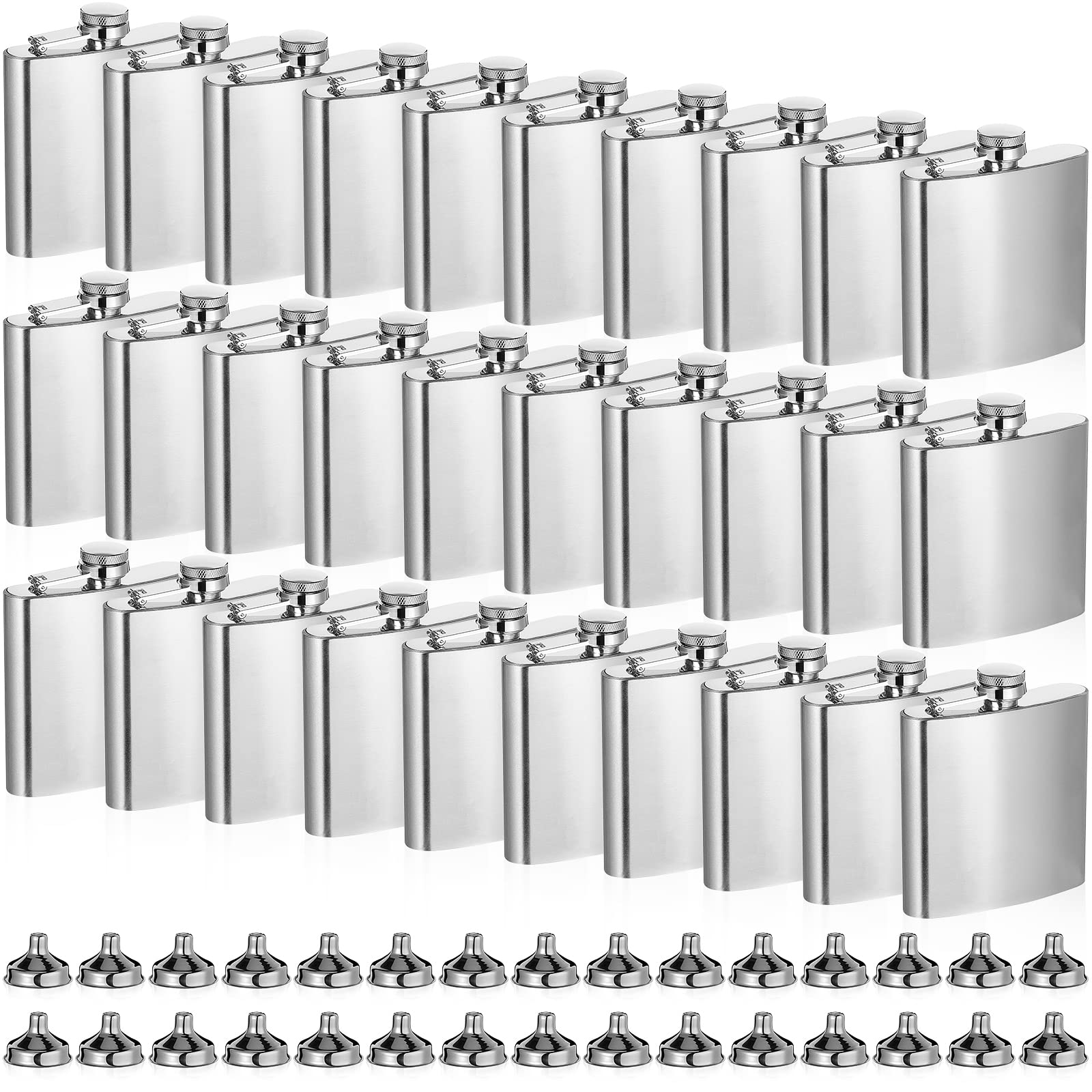 30 Pieces Hip Flasks Set Stainless Steel Liquor Flask with Funnel Metal Leak Proof Flask Pocket Whiskey Flasks for Men Women Bridesmaid Wedding Party Supplies (6 oz, Silver)