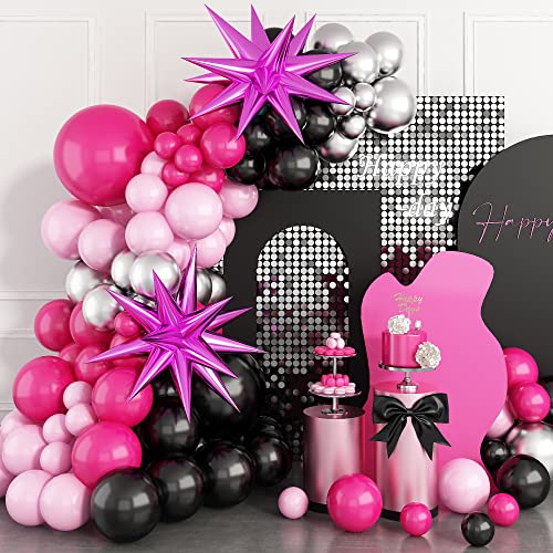 GREMAG Black Pink Balloon Arch Kit, 114Pcs Balloons Party Decorations, Black Pastel Silver Latex Balloons with Hot Pink Explosion Star, for Birthday Girls Theme Party Baby Shower Wedding