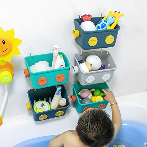 LUFOFOX Bath Toy Storage Organizer Basket, 3 Layers Colorful Robot Modeling Wall Mounted Kids Hanging Shower Caddy with Hooks for Shampoo