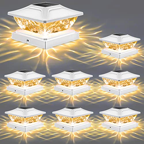 Solar Post Cap Lights Outdoor: 8 Pack Bright 2 Modes LED Solar Fence Deck Lights for 3.5x3.5 4x4 4.5x4.5 5x5 Wooden Posts, IP65 Waterproof Solar Powered Lights for Garden Porch Patio Step Decorations