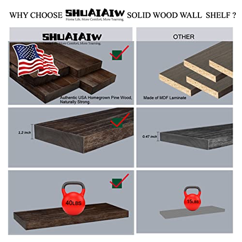 SHUAIAIW 36 inch Floating Shelves Wall Shelf Set of 2, Hanging Shelves with Hide Embedded Brackets, Real Natural Solid Wood Large Floating Shelf for Wall Organizer and Home Decor