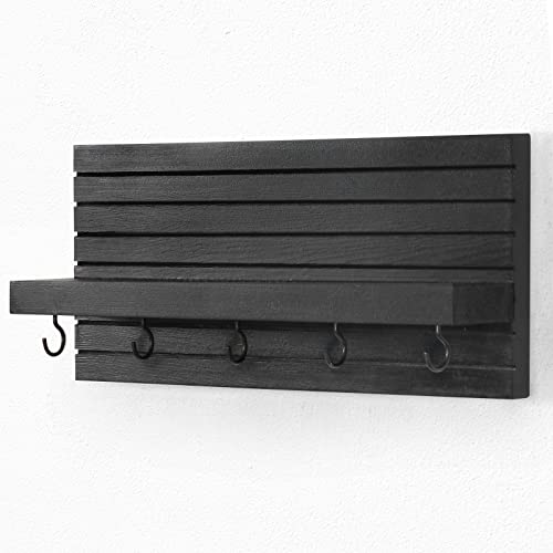 Decorative Key Holder for Wall with Shelf, Entryway Shelf with Hooks Holds Leashes, Jackets and Glasses β Sturdy Wood Keyholder Entrance Hanger with Mounting Hardware (11.8β x 5.5β x 3.1β) (Black)
