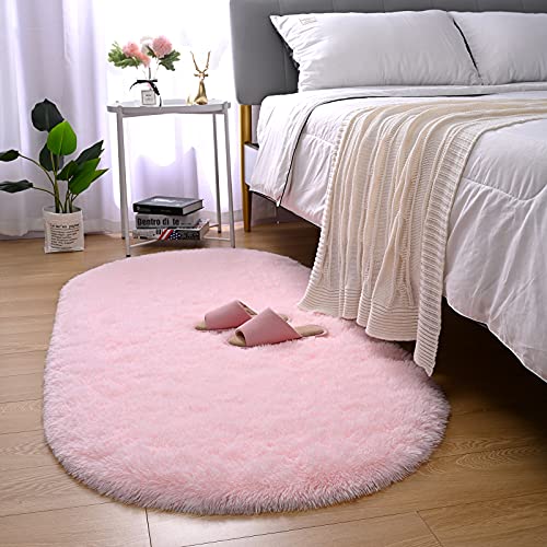 Merelax Soft Shaggy Rug for Kids Bedroom, Oval 2.6'x5.3' Pink Plush Fluffy Carpets for Living Room, Furry Carpet for Teen Girls Room, Anti-Skid Fuzzy Comfy Rug for Nursery Decor Cute Baby Play Mat