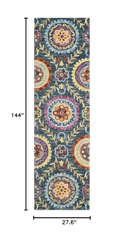 SAFAVIEH Suzani Collection Runner Rug - 2'3" x 12', Blue & Multi, Hand-Hooked Boho Wool, Ideal for High Traffic Areas in Living Room, Bedroom (SZN374A)