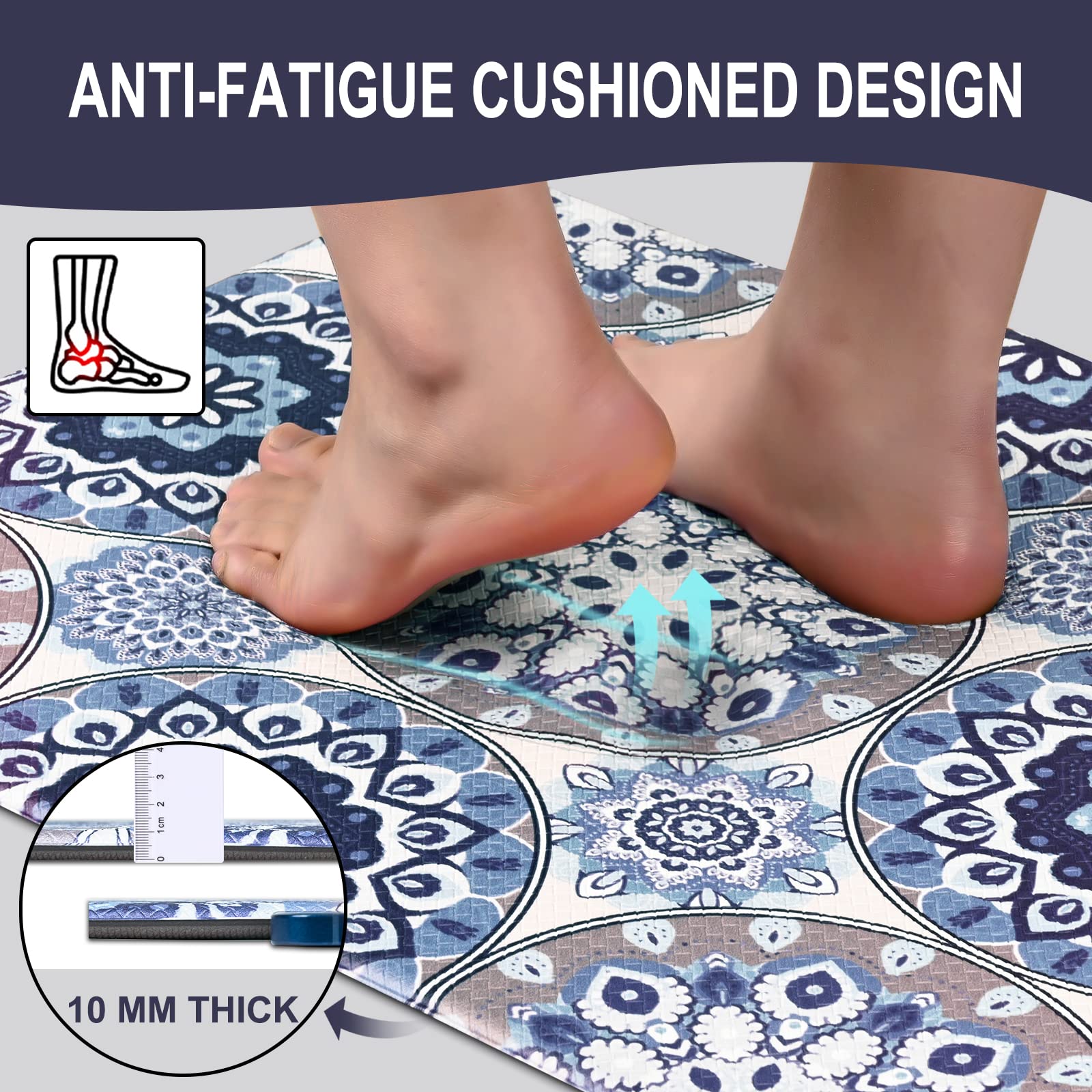 ASPMIZ Kitchen Mats Sets 2 Piece, Memory Foam Kitchen Rugs and Mats Non Slip Washable, Farmhouse Anti Fatigue Kitchen Mat and Runner Set, Blue Cushioned Floor Comfort Mat, 17'' x 47'' + 17'' x 30''