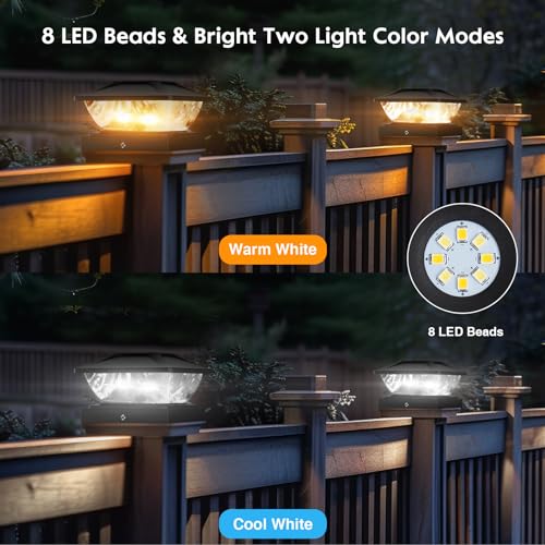 Fence Solar Post Lights Outdoor - 6 Pack 2 Modes Solar Deck Lights, IP65 Waterproof Solar Post Cap Lights Fit 4x4 4.5x4.5 5x5 Vinyl Wooden Posts, Garden Porch Patio Decor, Warm White & Cool White