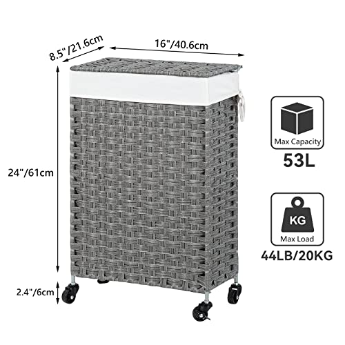 Chrislley 53L Slim Handwoven Rattan Laundry Hamper with Lid Rolling Laundry Basket with Removable Liner Bags Foldable Hampers with Wheels(Grey)