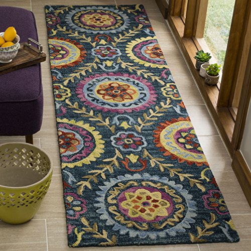 SAFAVIEH Suzani Collection Runner Rug - 2'3" x 12', Blue & Multi, Hand-Hooked Boho Wool, Ideal for High Traffic Areas in Living Room, Bedroom (SZN374A)