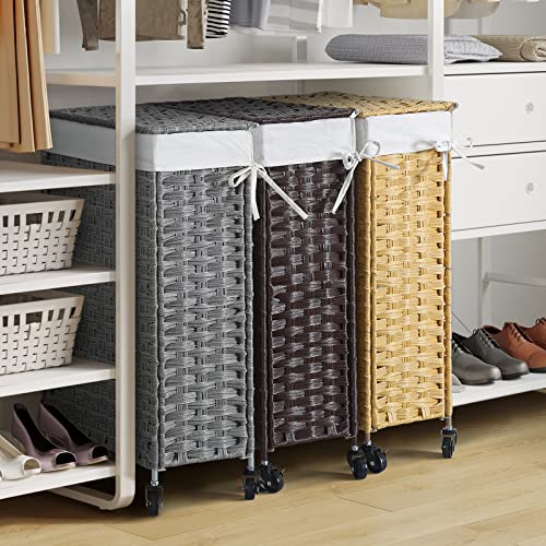 Chrislley 53L Slim Handwoven Rattan Laundry Hamper with Lid Rolling Laundry Basket with Removable Liner Bags Foldable Hampers with Wheels(Grey)