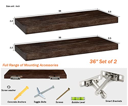 SHUAIAIW 36 inch Floating Shelves Wall Shelf Set of 2, Hanging Shelves with Hide Embedded Brackets, Real Natural Solid Wood Large Floating Shelf for Wall Organizer and Home Decor
