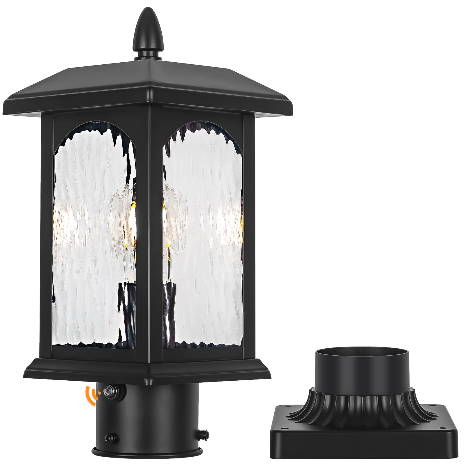 Dusk to Dawn Outdoor Post Light Fixture with Pier Mount Base - Waterproof Pole Outdoor Lighting, Modern Black Pillar Lantern Outside with Tempered Rippled Glass for Pathway, Garden, Patio, Anti-Rust