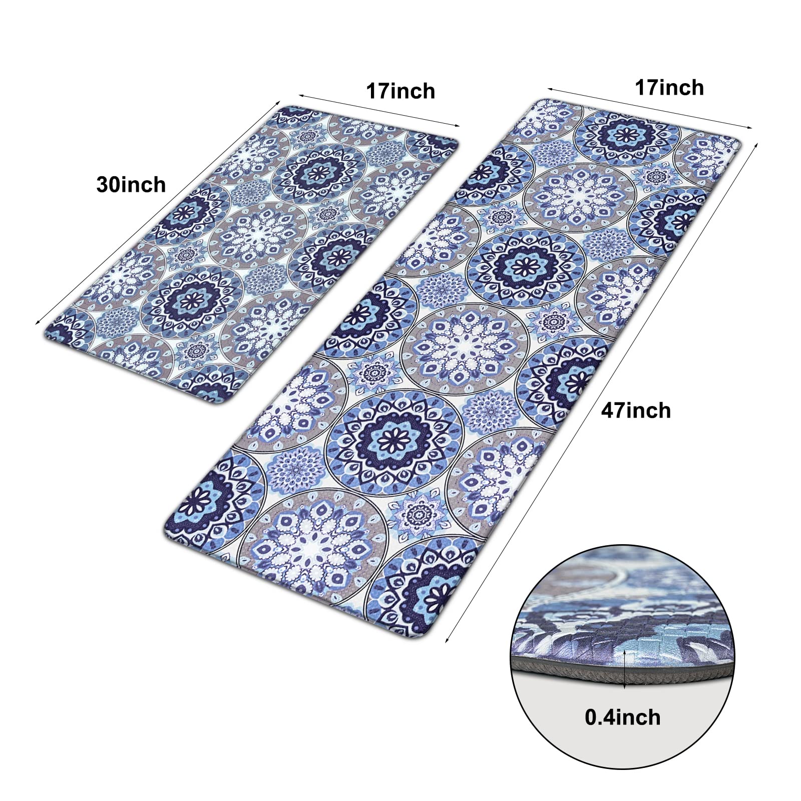 ASPMIZ Kitchen Mats Sets 2 Piece, Memory Foam Kitchen Rugs and Mats Non Slip Washable, Farmhouse Anti Fatigue Kitchen Mat and Runner Set, Blue Cushioned Floor Comfort Mat, 17'' x 47'' + 17'' x 30''