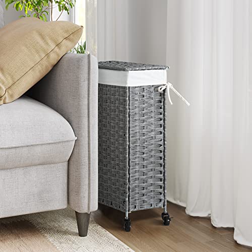 Chrislley 53L Slim Handwoven Rattan Laundry Hamper with Lid Rolling Laundry Basket with Removable Liner Bags Foldable Hampers with Wheels(Grey)