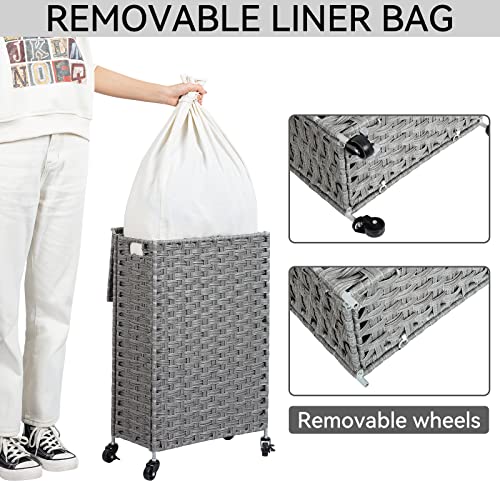 Chrislley 53L Slim Handwoven Rattan Laundry Hamper with Lid Rolling Laundry Basket with Removable Liner Bags Foldable Hampers with Wheels(Grey)