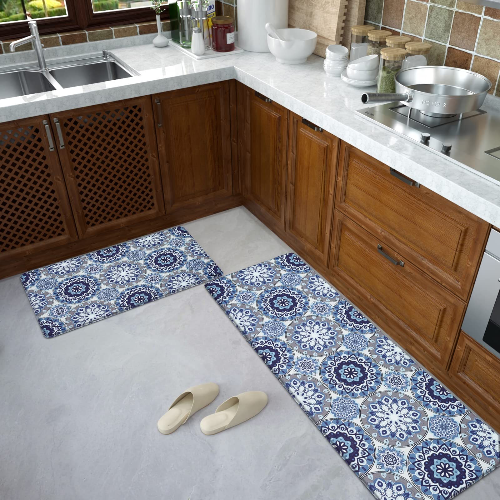 ASPMIZ Kitchen Mats Sets 2 Piece, Memory Foam Kitchen Rugs and Mats Non Slip Washable, Farmhouse Anti Fatigue Kitchen Mat and Runner Set, Blue Cushioned Floor Comfort Mat, 17'' x 47'' + 17'' x 30''