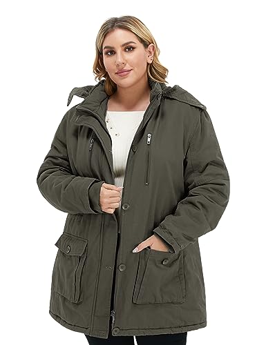 Soularge Women's Winter Plus Size Thickened Cotton Coat with Detachable Hood(Olive,3X)