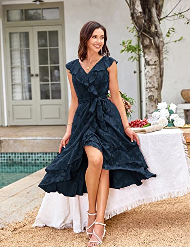 Women's Summer Long Dresses for Women Wedding Guest Floral Textured Wrap V Neck Boho Flowy Dress Navy Blue XL