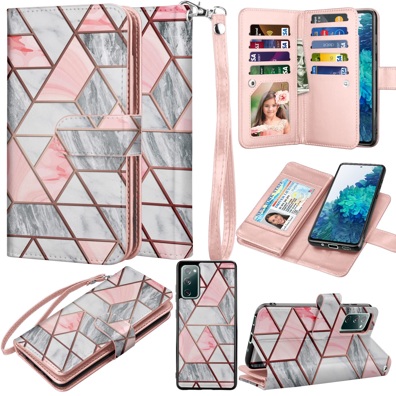 Takfox Galaxy S20 FE 5G Case, for Samsung S20 Fan Edition / S20 FE 5G Wallet Case, with Credit Card Holder Slots Folio Flip PU Leather [Kickstand] Detachable Magnetic Hard Phone Case & Strap-Marble