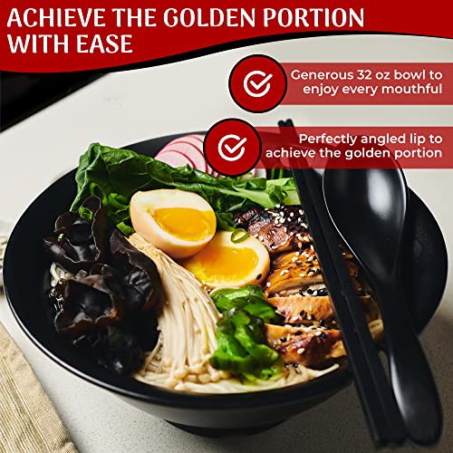 ELLISSIO Ramen Bowl Set - 2 Large Japanese Style Noodle Bowls With 2 Spoons & 2 Sets of Chopsticks For Ramen, Pho and Udon Soup - Black Melamine - Best For Authentic Asian Dining Experience At Home