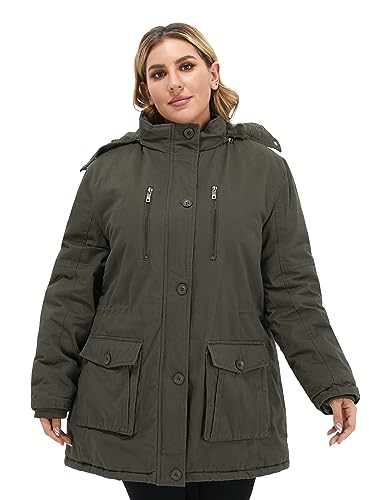 Soularge Women's Winter Plus Size Thickened Cotton Coat with Detachable Hood(Olive,3X)
