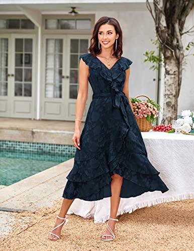Women's Summer Long Dresses for Women Wedding Guest Floral Textured Wrap V Neck Boho Flowy Dress Navy Blue XL